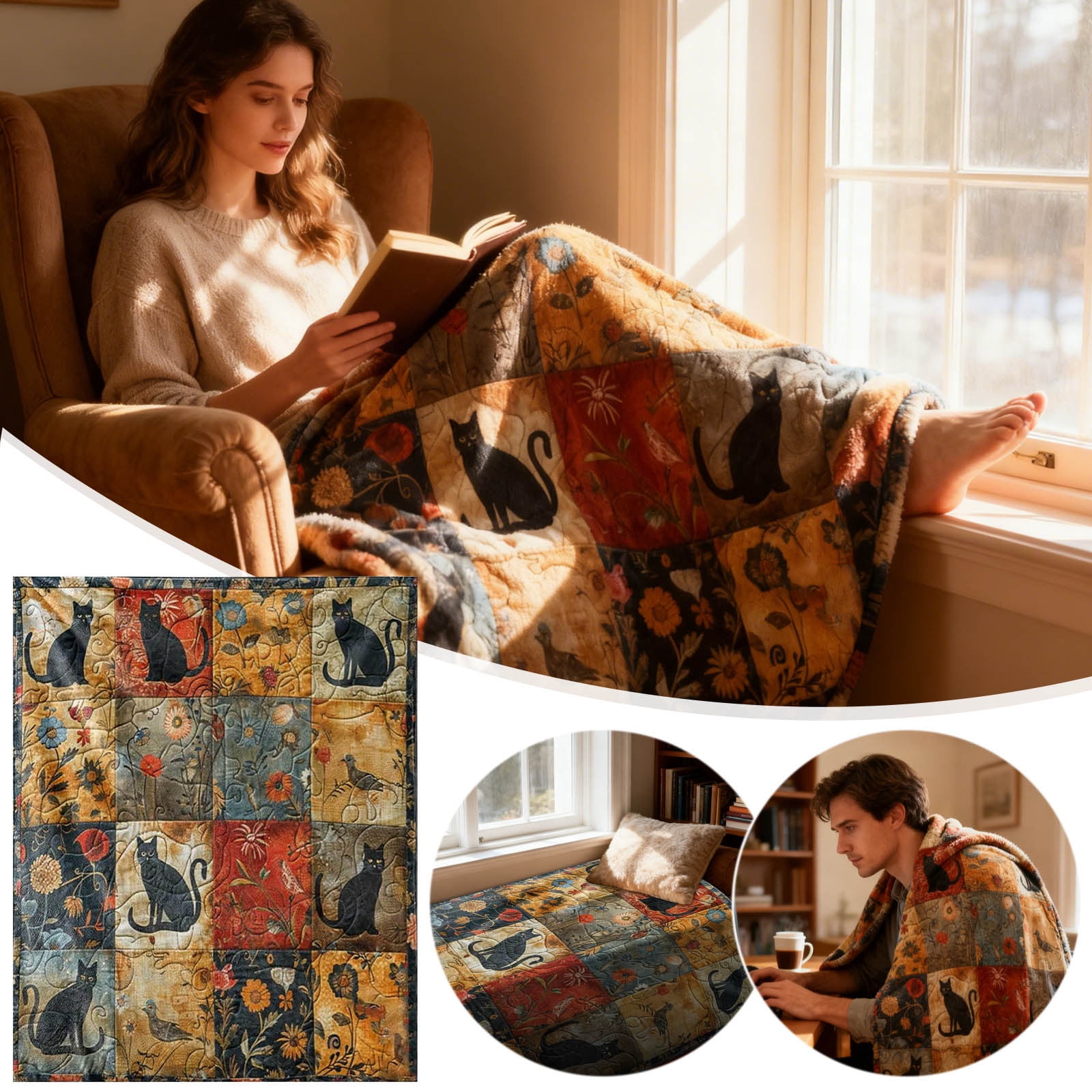 Cozy Vintage Cat Plaid Blanket, Black Cat and Flower Print Flannel Blanket Charming Cat Quilt ...