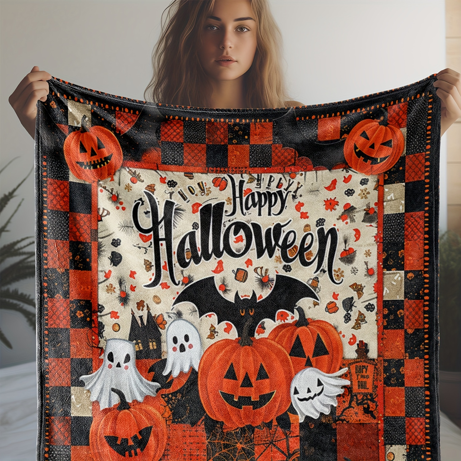 Cozy Vintage Halloween Flannel Throw Blanket - Soft Pumpkin Bat ...