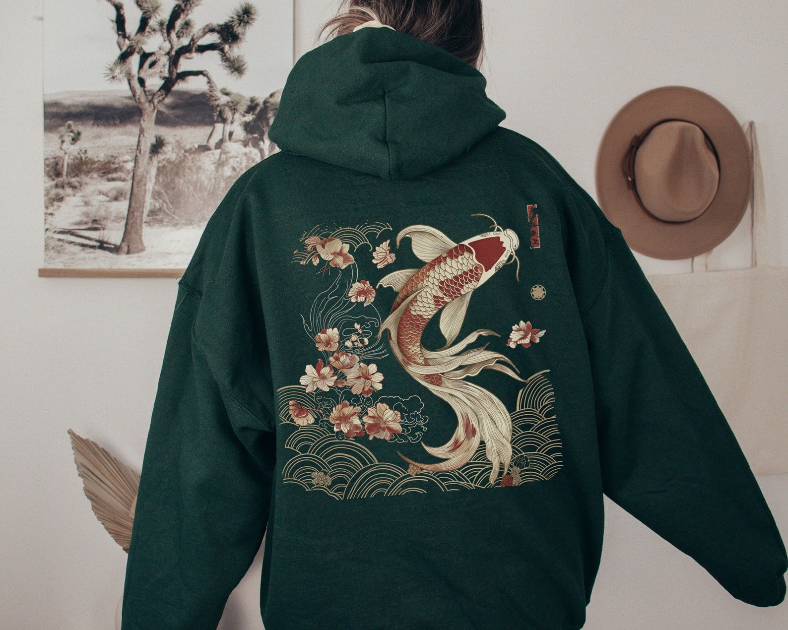 Cozy Vintage Japanese Koi Fish Hoodie Nautical Animal Asian Art Nouveau ...