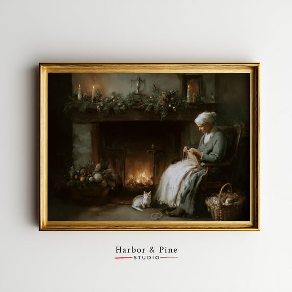 Cozy Vintage Winter Scene - Elderly Woman Knitting By Fire, Painterly ...