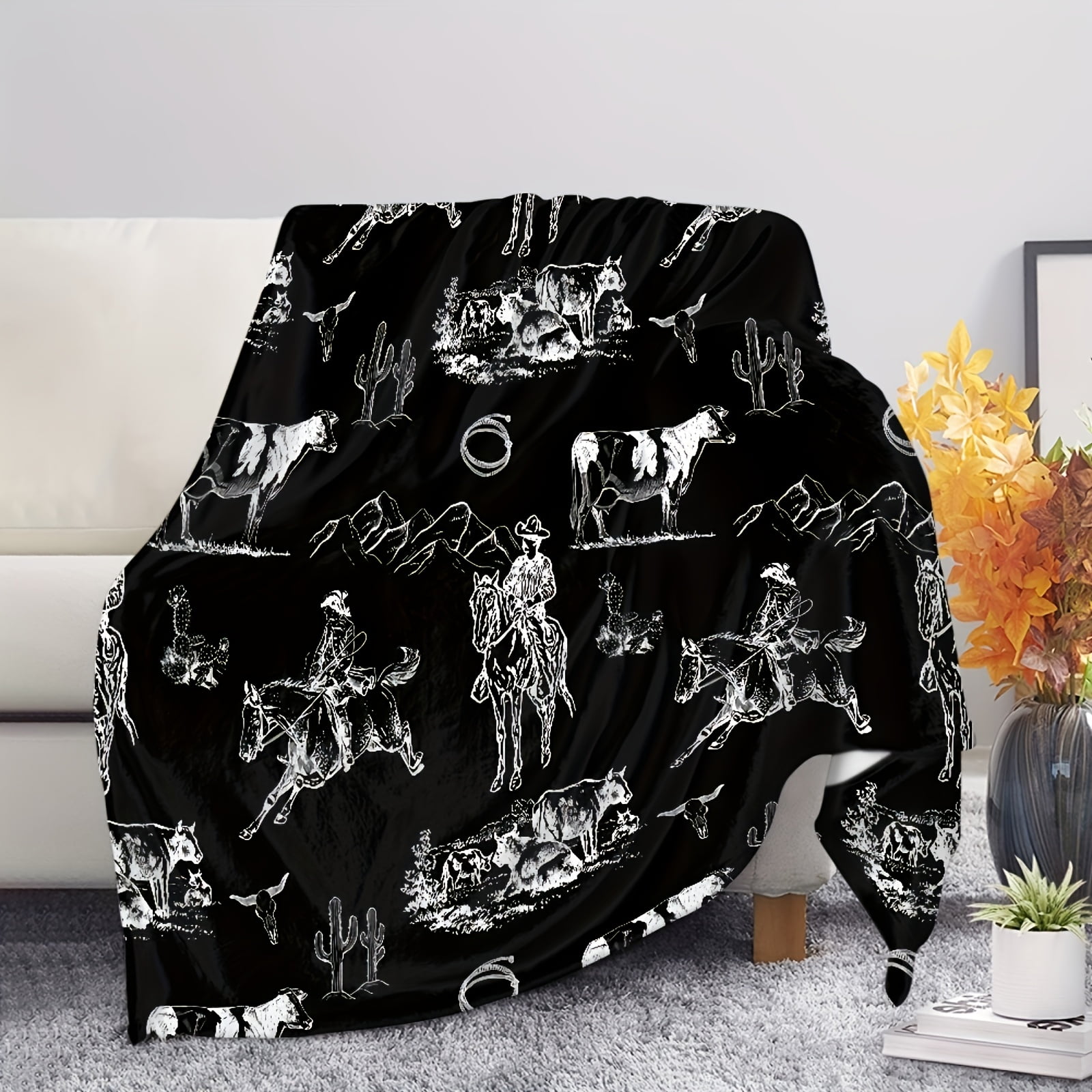 Cozy Western-Themed Flannel Blanket with Black and White Cowboy, Cactus ...