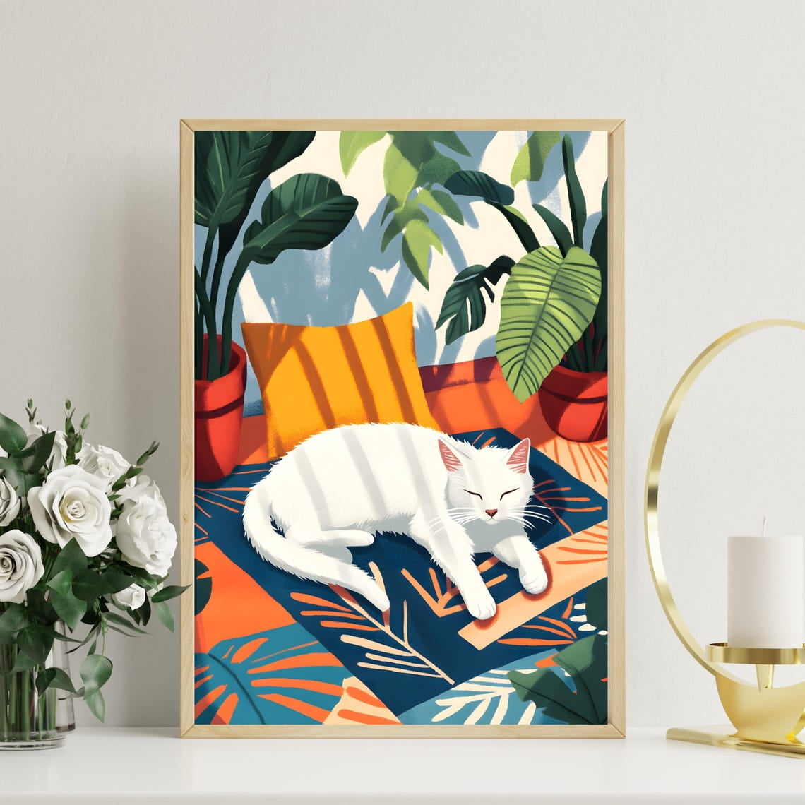 Cozy White Cat In Tropical Jungle, White Cattropical Plant Decor ...