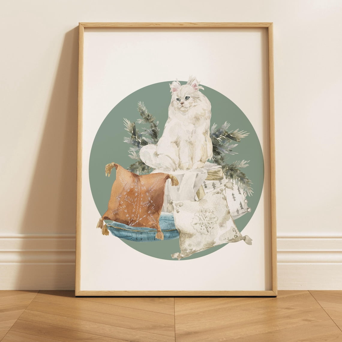 Cozy White Cat Watercolor Art – Relaxing Cushions & Plant Decor–Calm ...