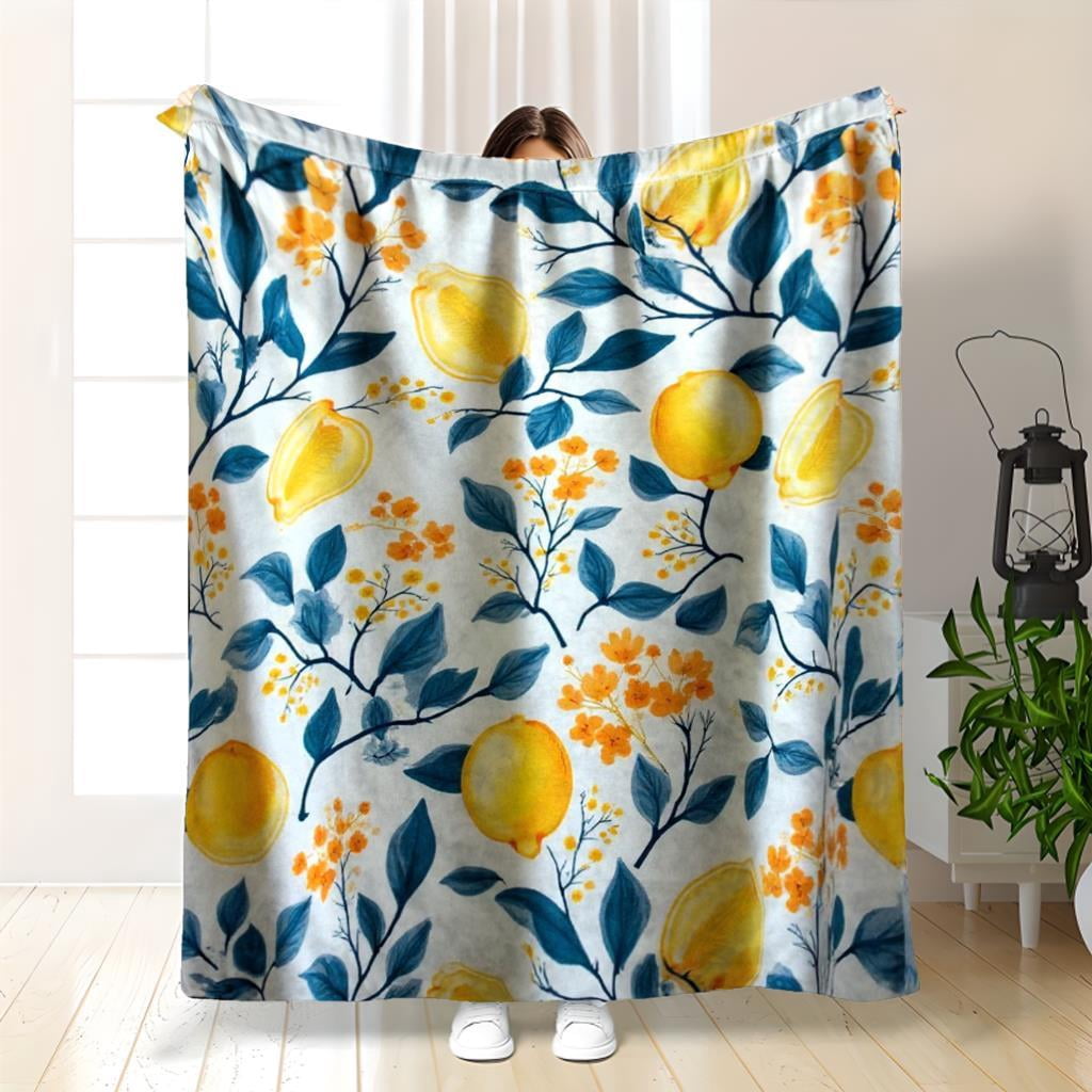 Cozy White Plush Throw Blanket with Yellow Lemons, Blue-Green Foliage ...