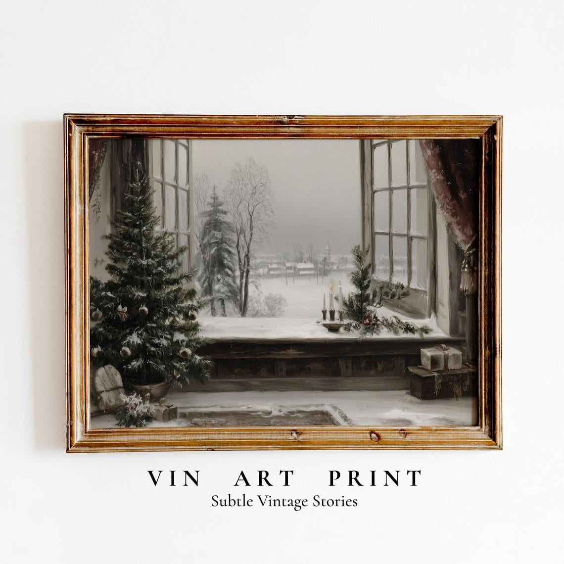 Cozy Window Scene Art, Vintage Winter Snowfall Wall Decor, Rustichome ...