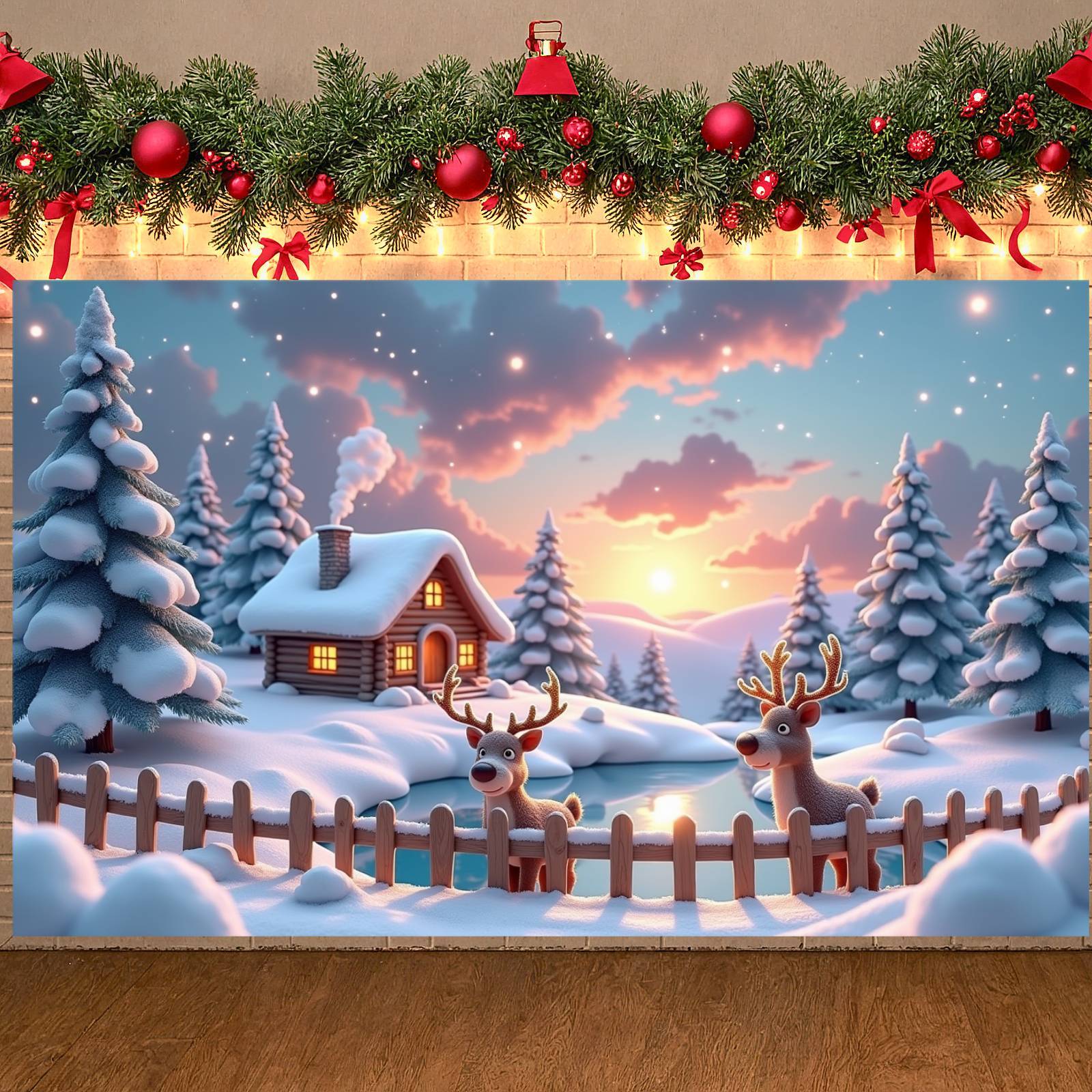 Cozy Winter Banner Log Cabin Christmas Display Reindeer Pine Tree ...