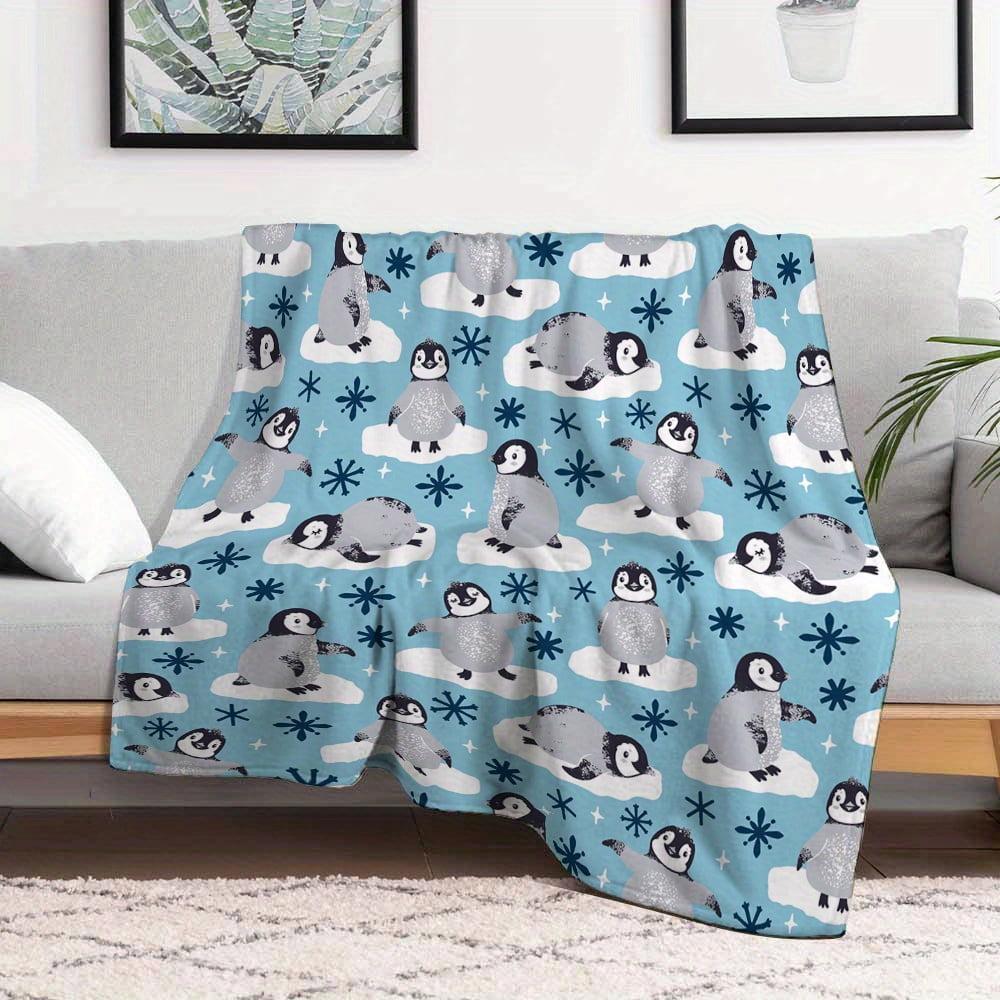 Cozy Winter Blanket with Penguin & Snowflake Cartoon Print - Soft Fuzzy ...