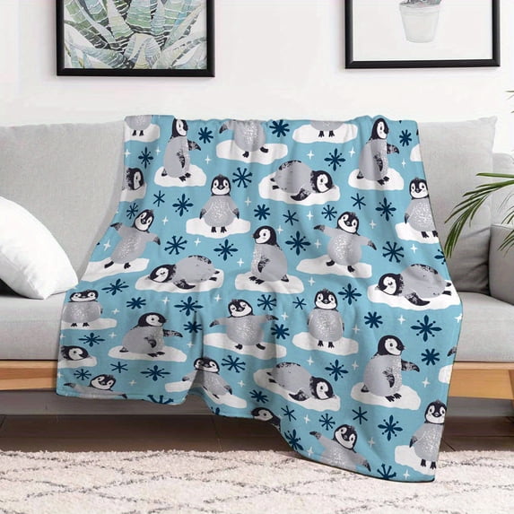 Cozy Winter Blanket with Penguin & Snowflake Cartoon Print - Soft Fuzzy ...