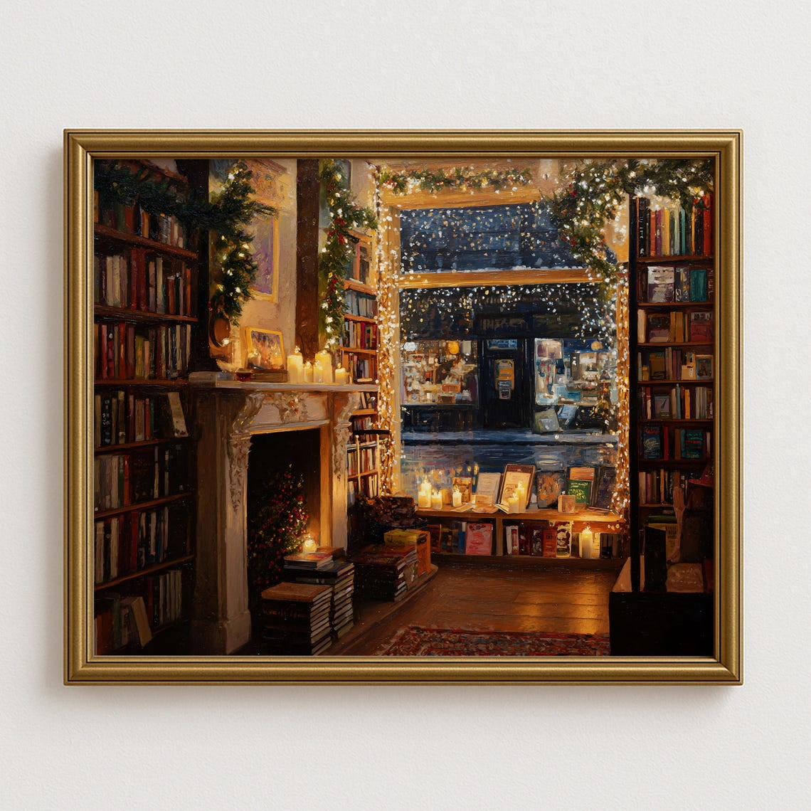 Cozy Winter Bookstore Wall Art, Library Fireplace Print, Festive ...