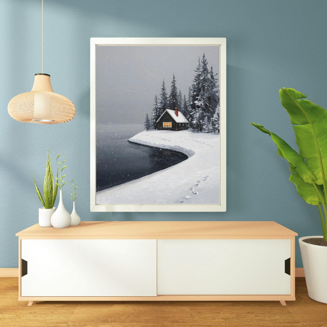 Cozy Winter Cabin By The Lake, Snowy Landscape Wall Art, Peaceful ...