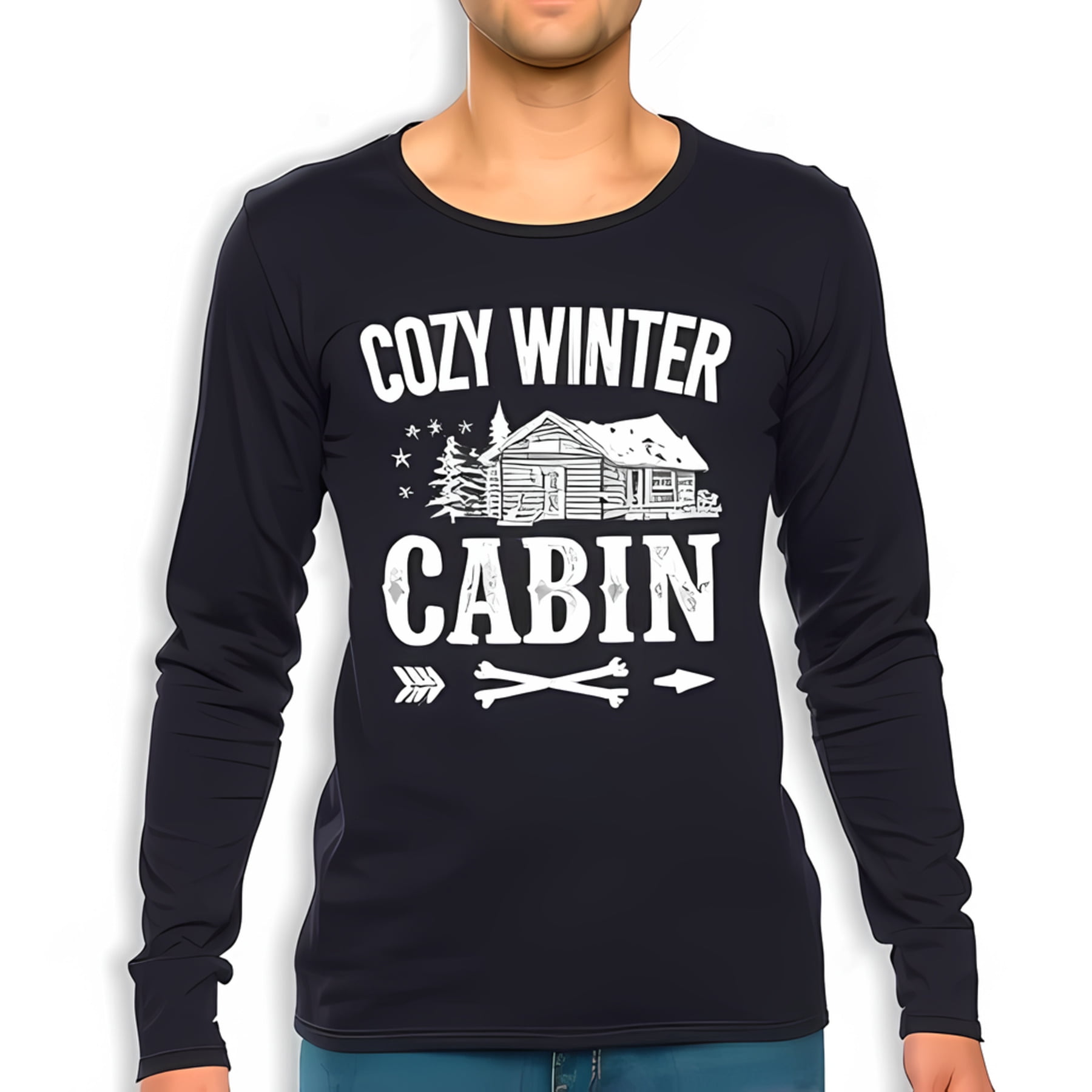 Cozy Winter Cabin Long Sleeve T-Shirt for Men - Rustic Graphic Tee with ...