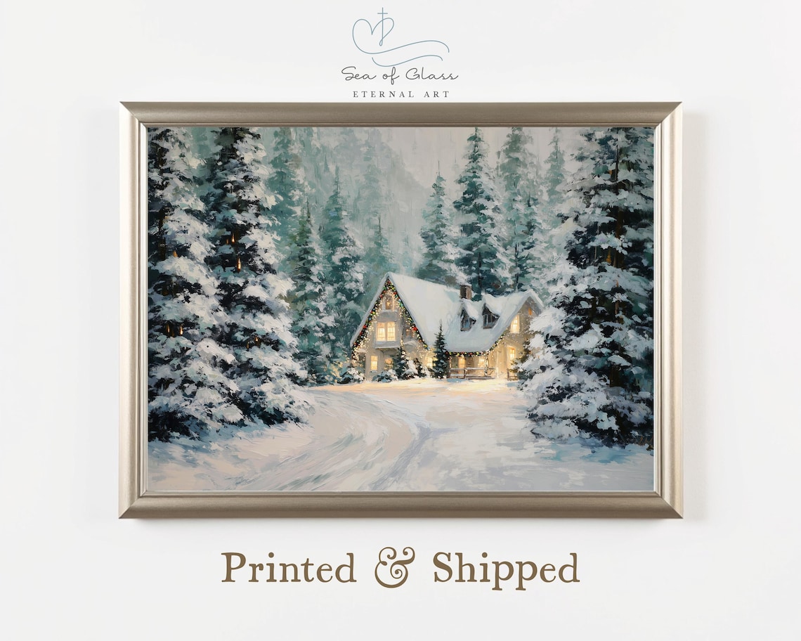 Cozy Winter Cabin Poster Snowy Cottage Wall Art Poster, Unframed Canvas ...