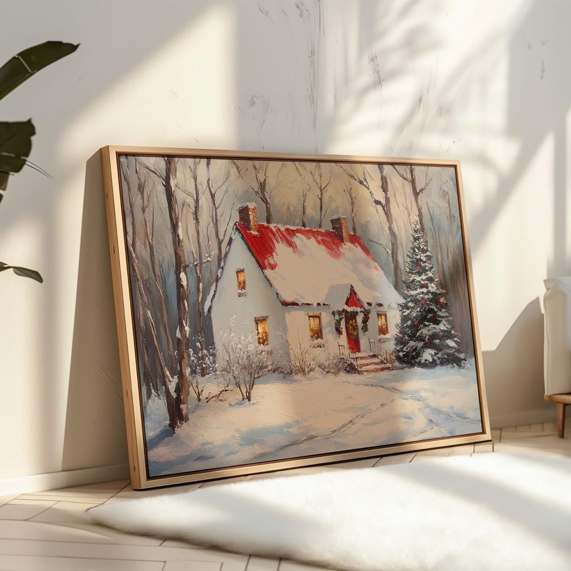 Cozy Winter Cottage Wall Art – Snowy Holiday Home Print, Red Roof House ...