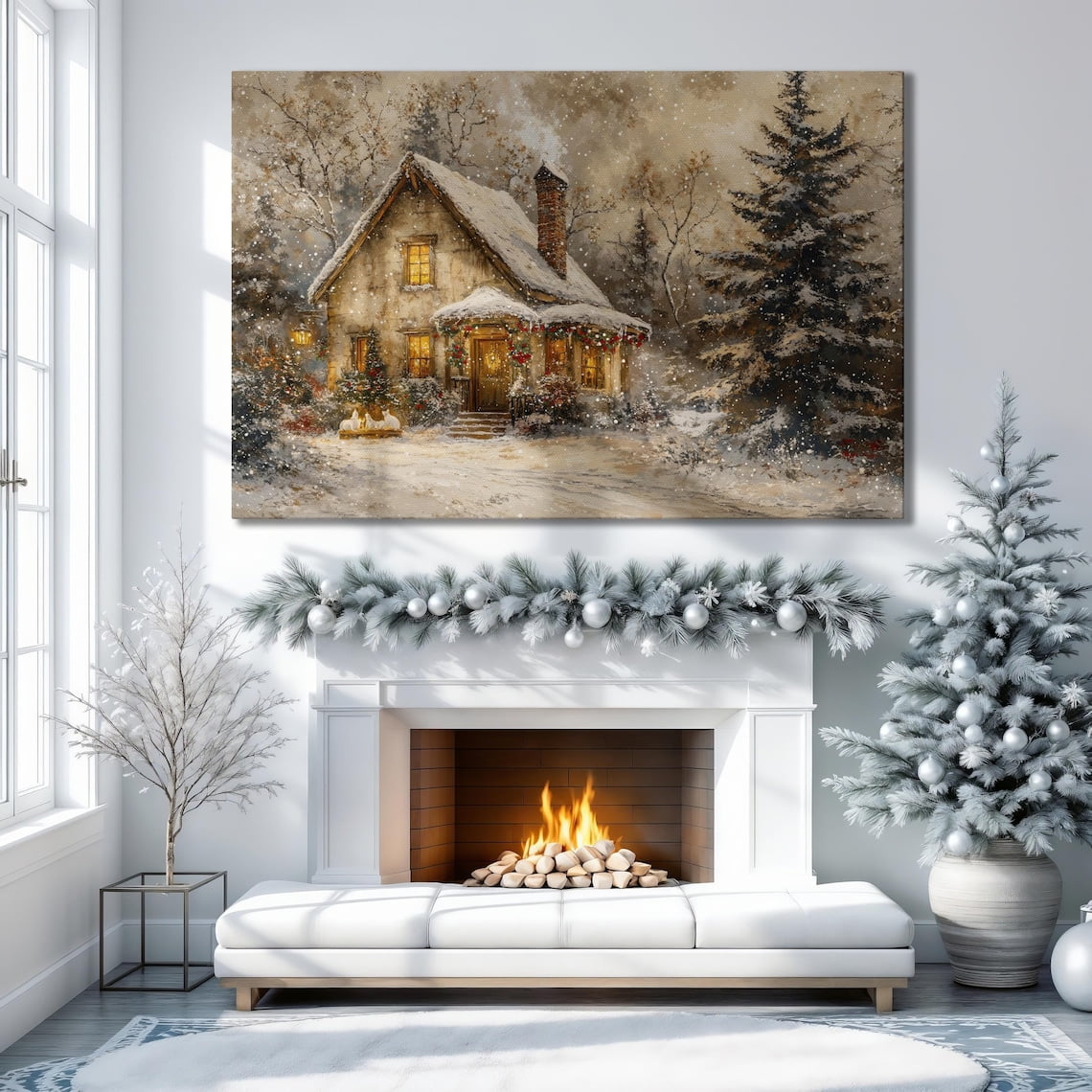 Cozy Winter Cottage Wall Art Snowy House in Forest Print Winter Festive ...