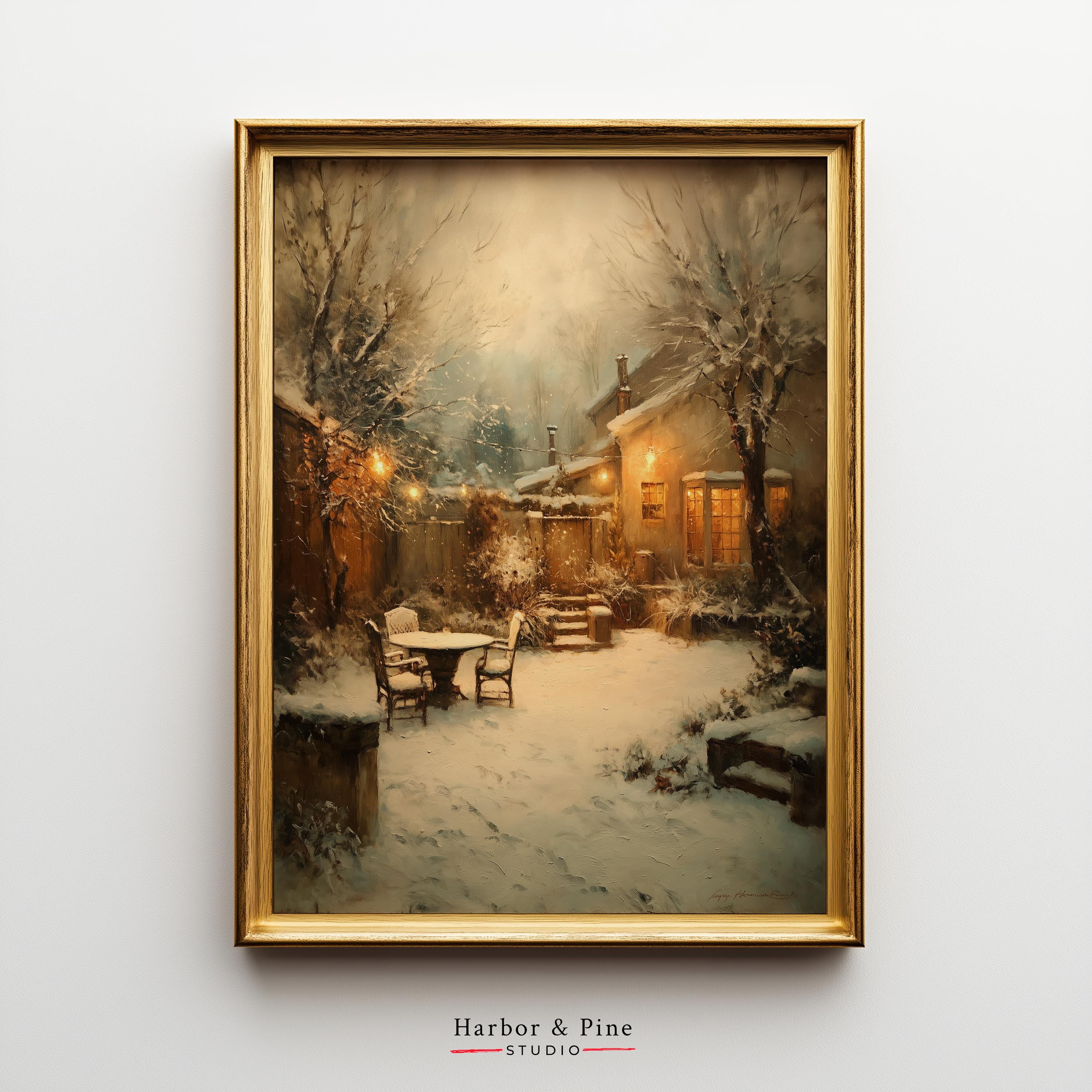 Cozy Winter Evening Courtyard Scene - Rustic Wall Art, Snow-Covered ...