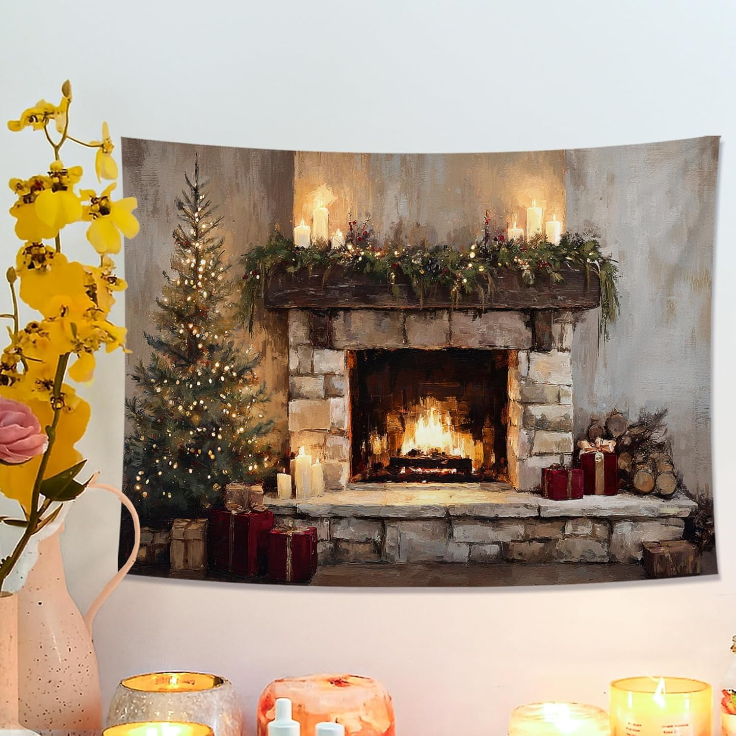 Cozy Winter Fireplace Tapestry, Christmas Tree and Candles Wall Hanging ...
