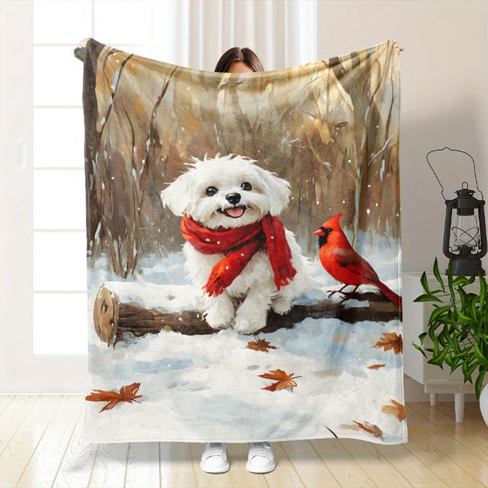 Cozy Winter Flannel Fleece Throw Blanket with Dog and Cardinal Print ...