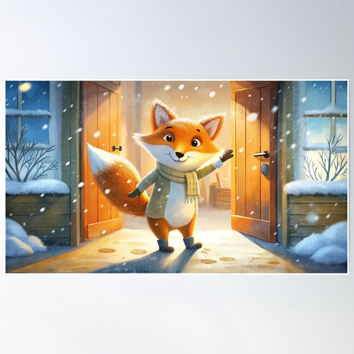Cozy Winter Fox Welcoming Snow Scene Poster Wall Art, Modern Wall Decor ...