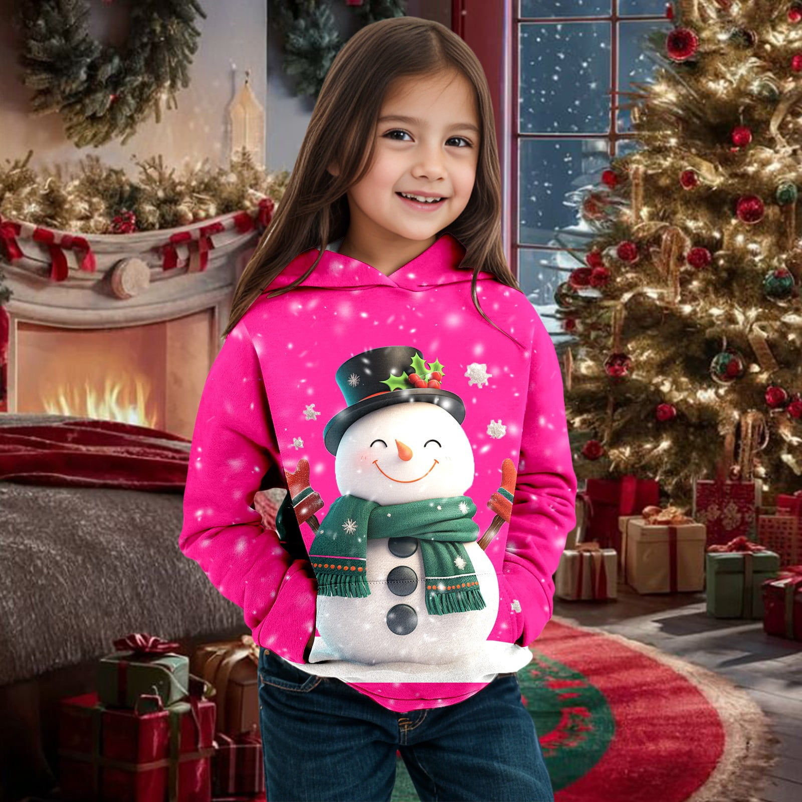 Cozy Winter Hooded Sweatshirt for Girls Cute Snowman Design Long Sleeve ...