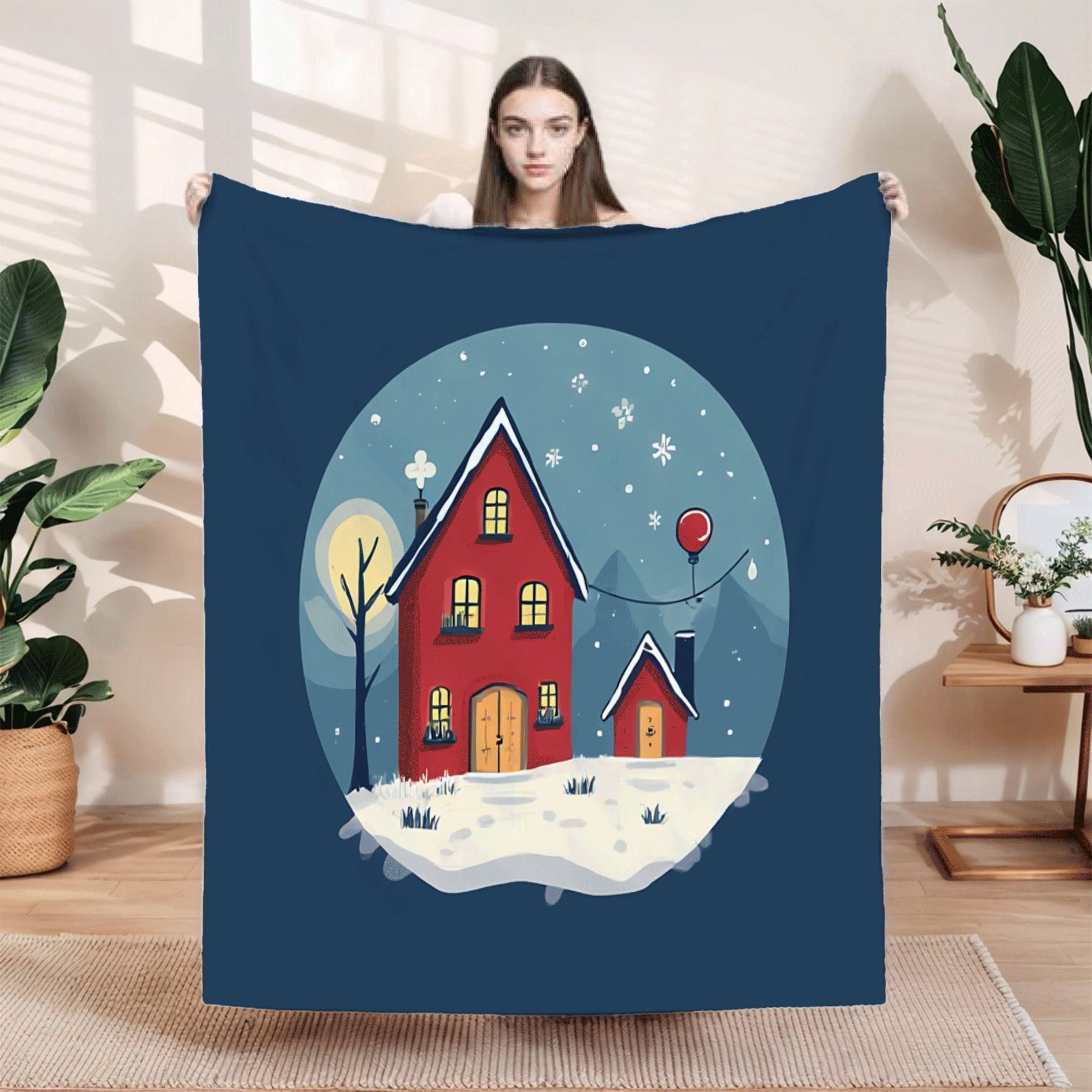 Cozy Winter Scene Flannel Blanket - Soft Warm and Durable with Red ...