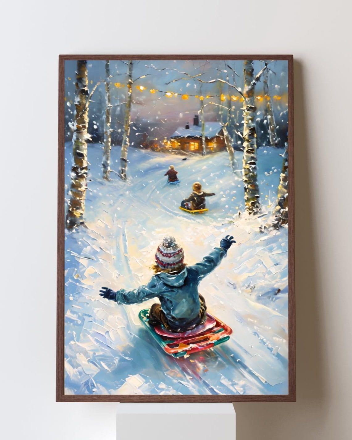 Cozy Winter Sledding Poster- Nostalgic Snow Day Art, Children Sledding ...