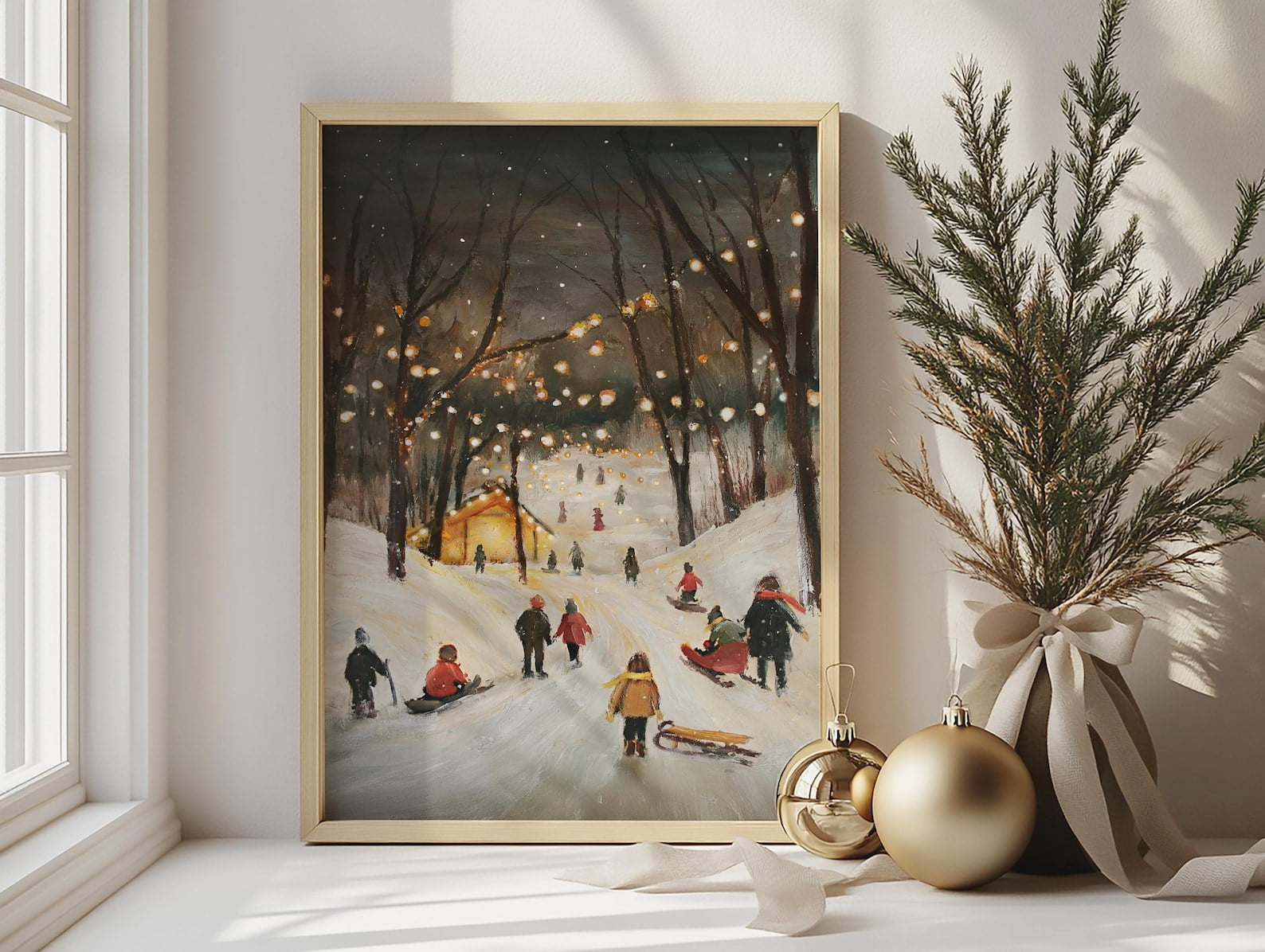 Cozy Winter Sledding Print, Vintage Style Oil Painting, Twinkle Lights ...