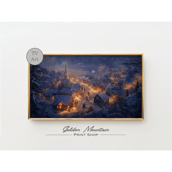 Cozy Winter Village At Night Artwork, Snowy Landscape, Warm Winter ...