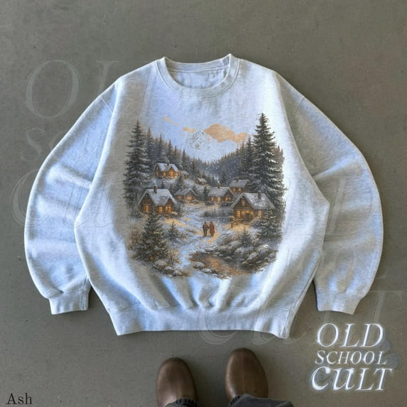 Cozy Winter Village Graphic Sweatshirt | Scenic Snow Cabin Print ...