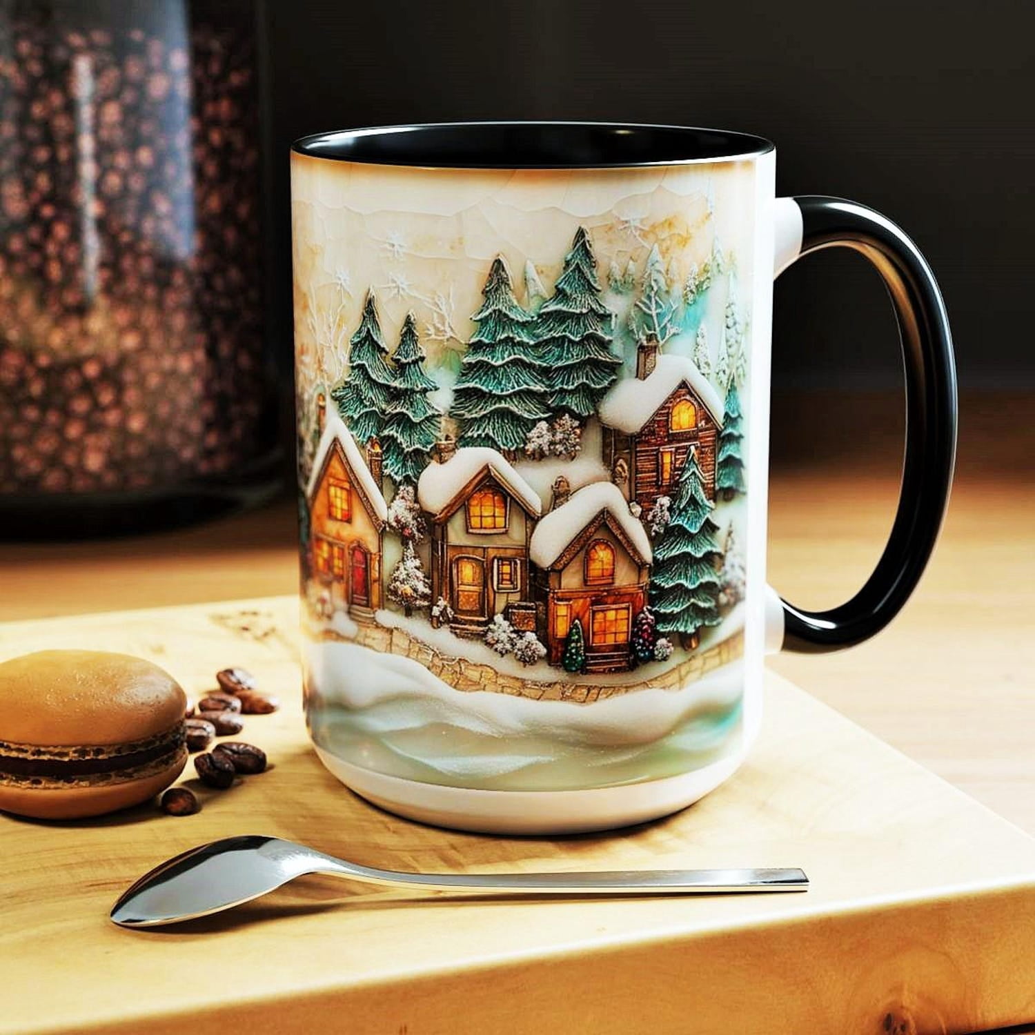 Cozy Winter Village Mug Snowy Cabin Coffee Cup Rustic Pine Tree ...