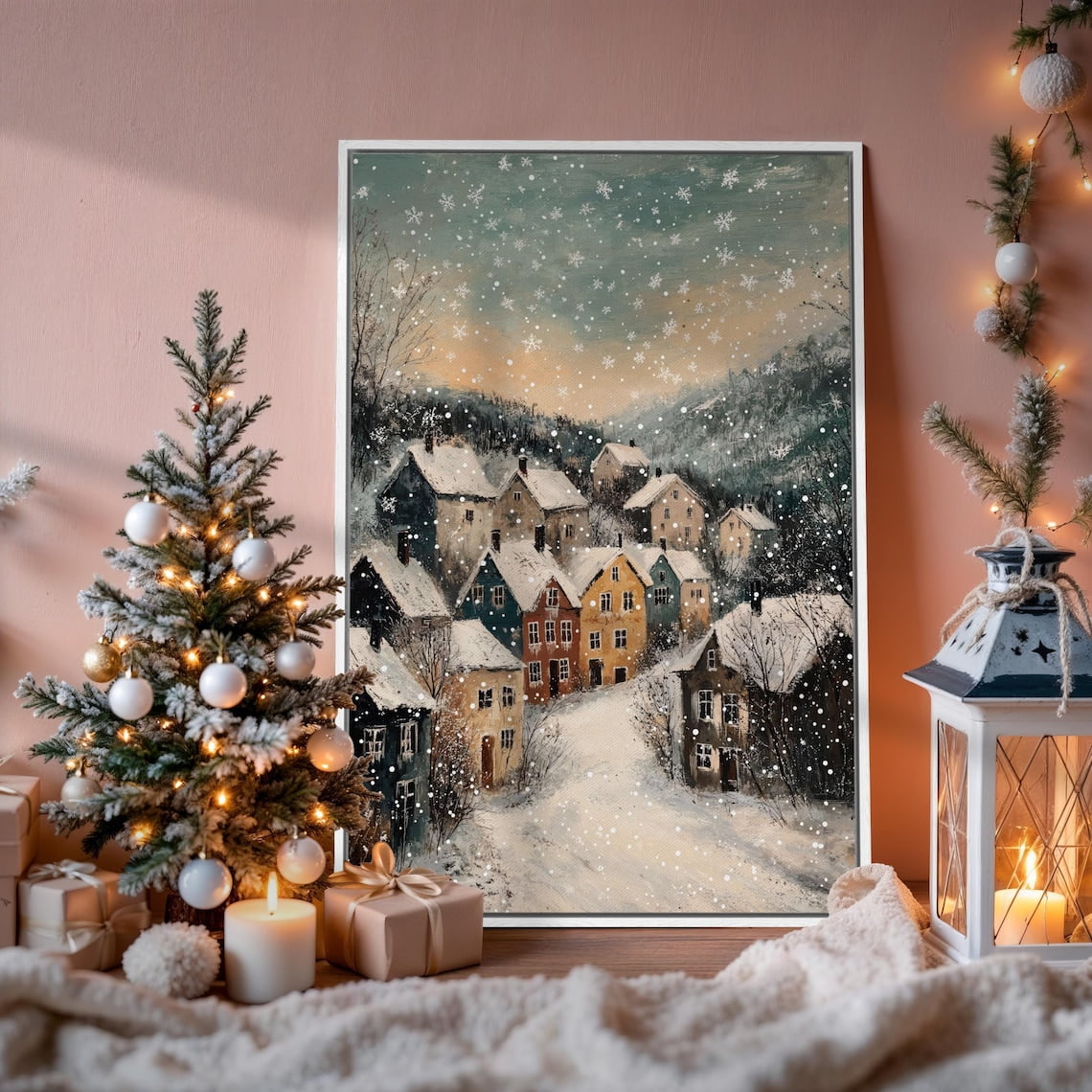 Cozy Winter Village Scene Poster Snowy Landscape Wall Art Snowfall ...