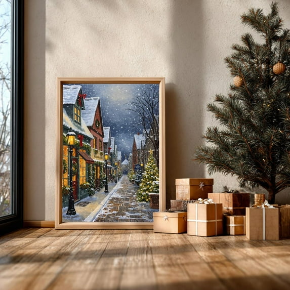 Cozy Winter Village Street Scene, Wall Art, Snowyprint, Vintage Home Decor, Home Decor #2 ...