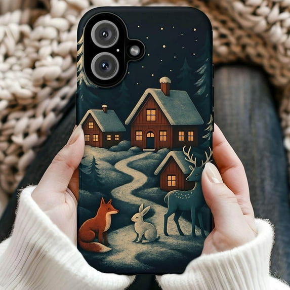 Cozy Winter Woodland Cabin Phone Case with Deer, Fox and Rabbit with ...
