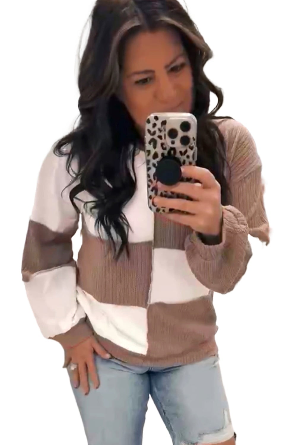 Cozy Women's Checkered Raw Seamed Jumper in Dark Khaki – Ribbed ...