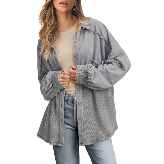Cozy Women's Grey Patchwork Shacket with Exposed Seams – Loose Fit for ...