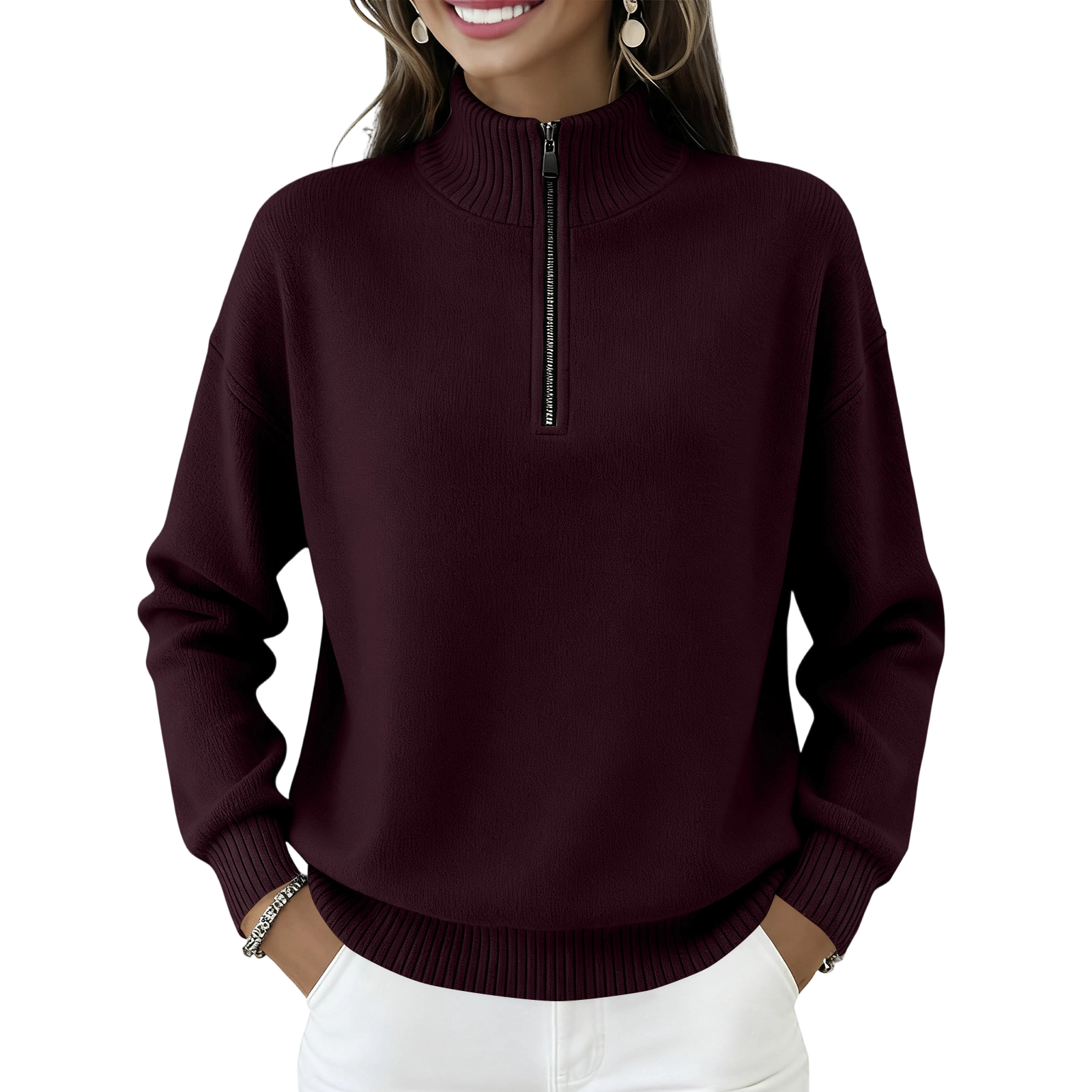Cozy Wool Sweaters for Women Half Zip V Neck Long Sleeve Loose Fit ...
