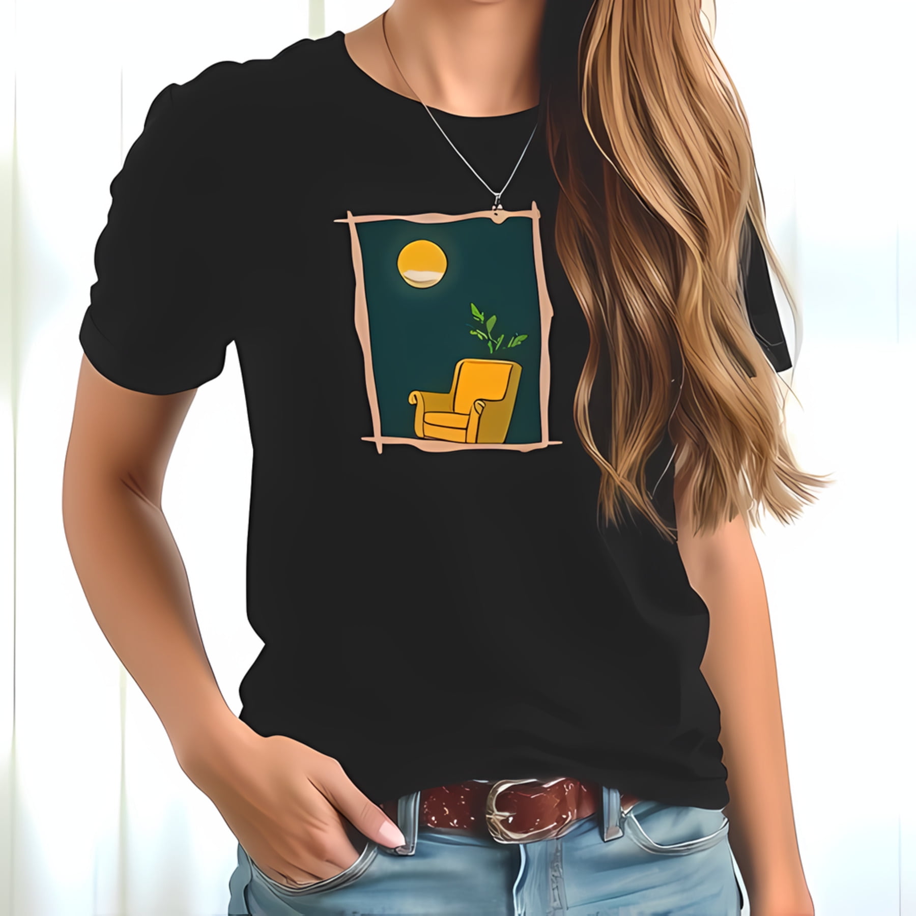 Cozy Yellow Chair Graphic Cotton Short Sleeve T-Shirt with Sun and ...