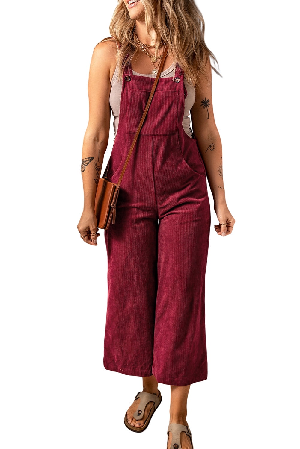 Cozy and Luxurious Red Solid Color Corduroy Overalls - Wide Leg Design ...