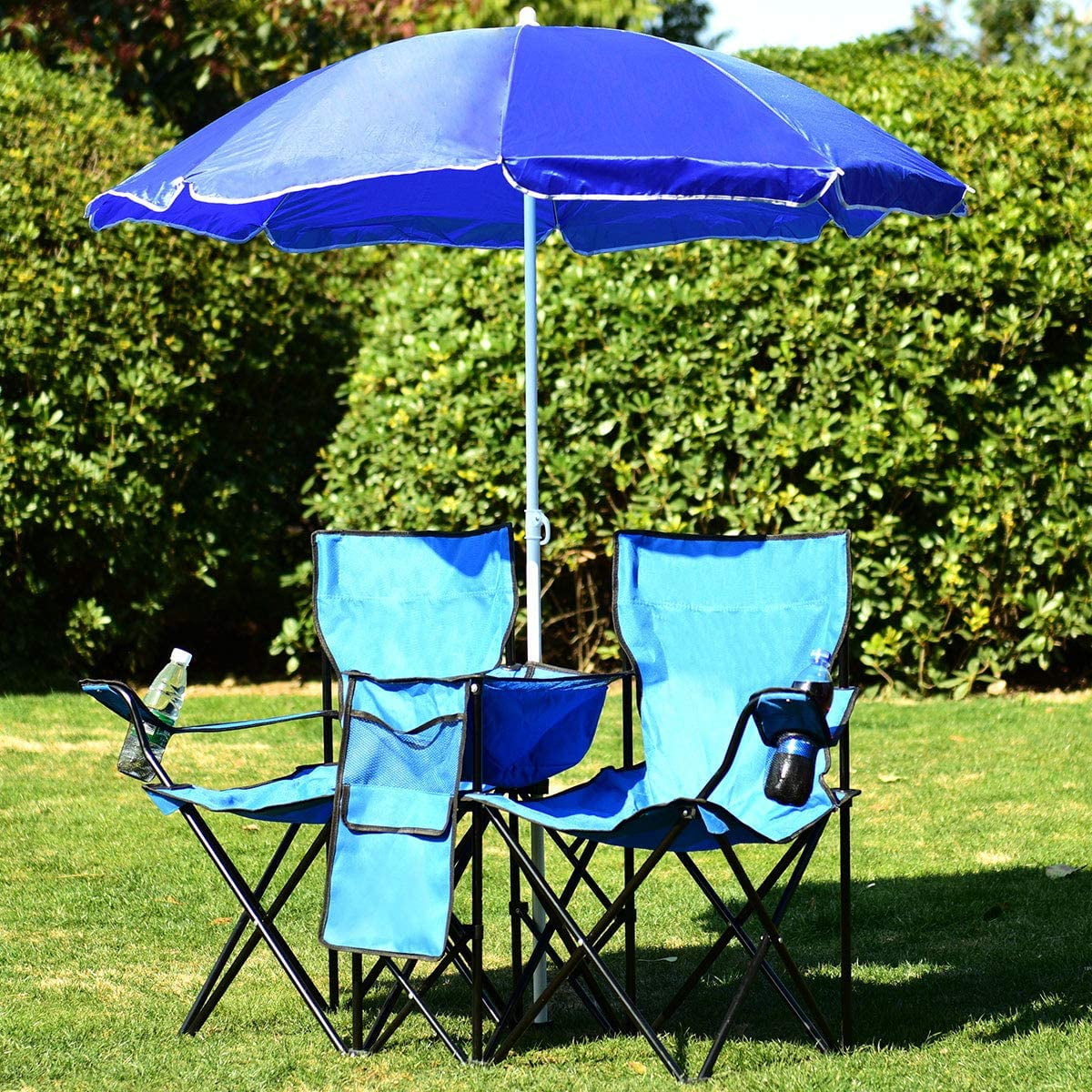 CozyBox Portable Double 2-Person Folding Picnic Chair W/Umbrella Table ...