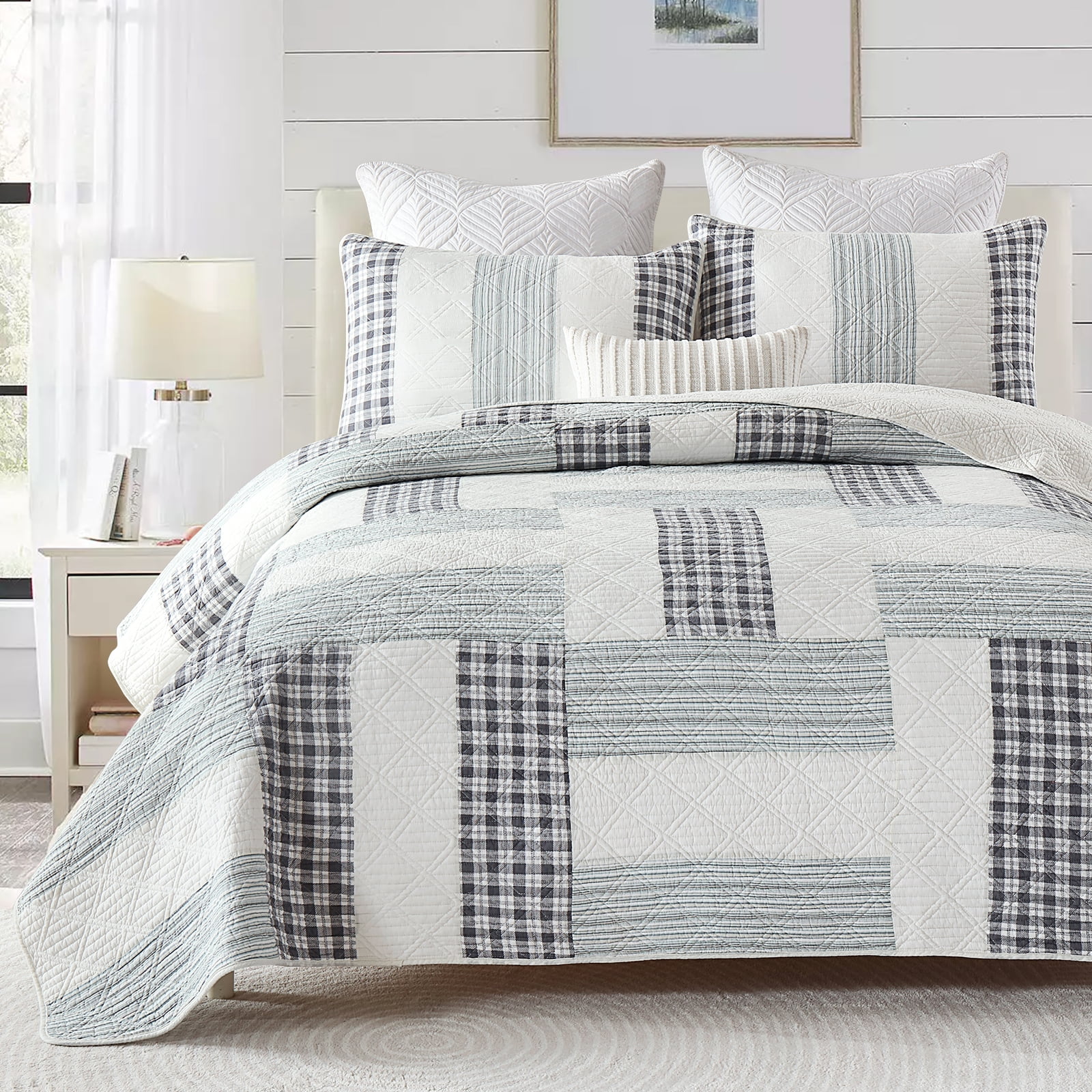 CozyDH 100% Cotton Patchwork Plaid King Quilt Set 3-Pieces, Farmhouse ...