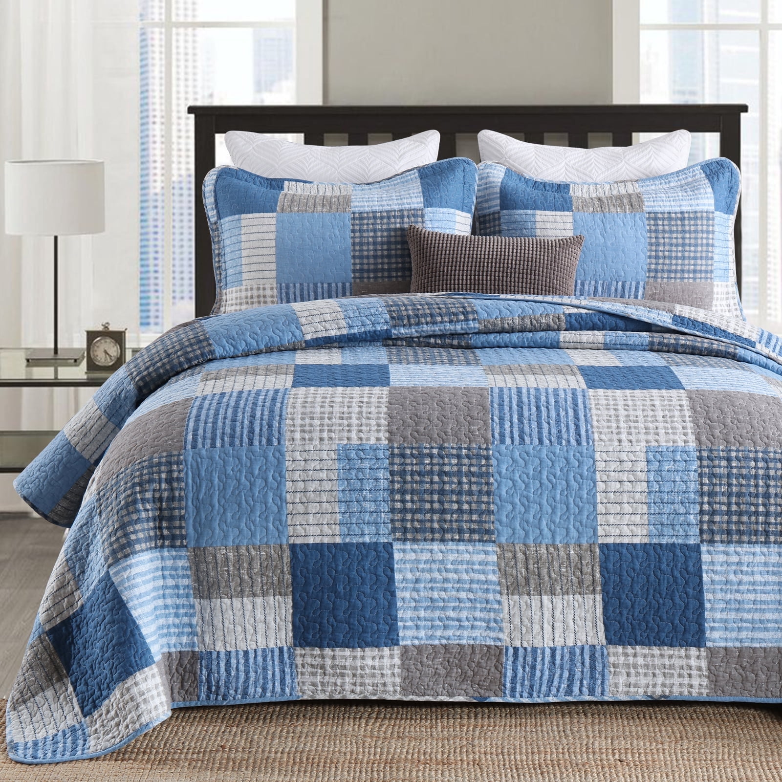CozyDH 100% Cotton Printed Plaid King Quilt Set 3-Pieces, Farmhouse ...