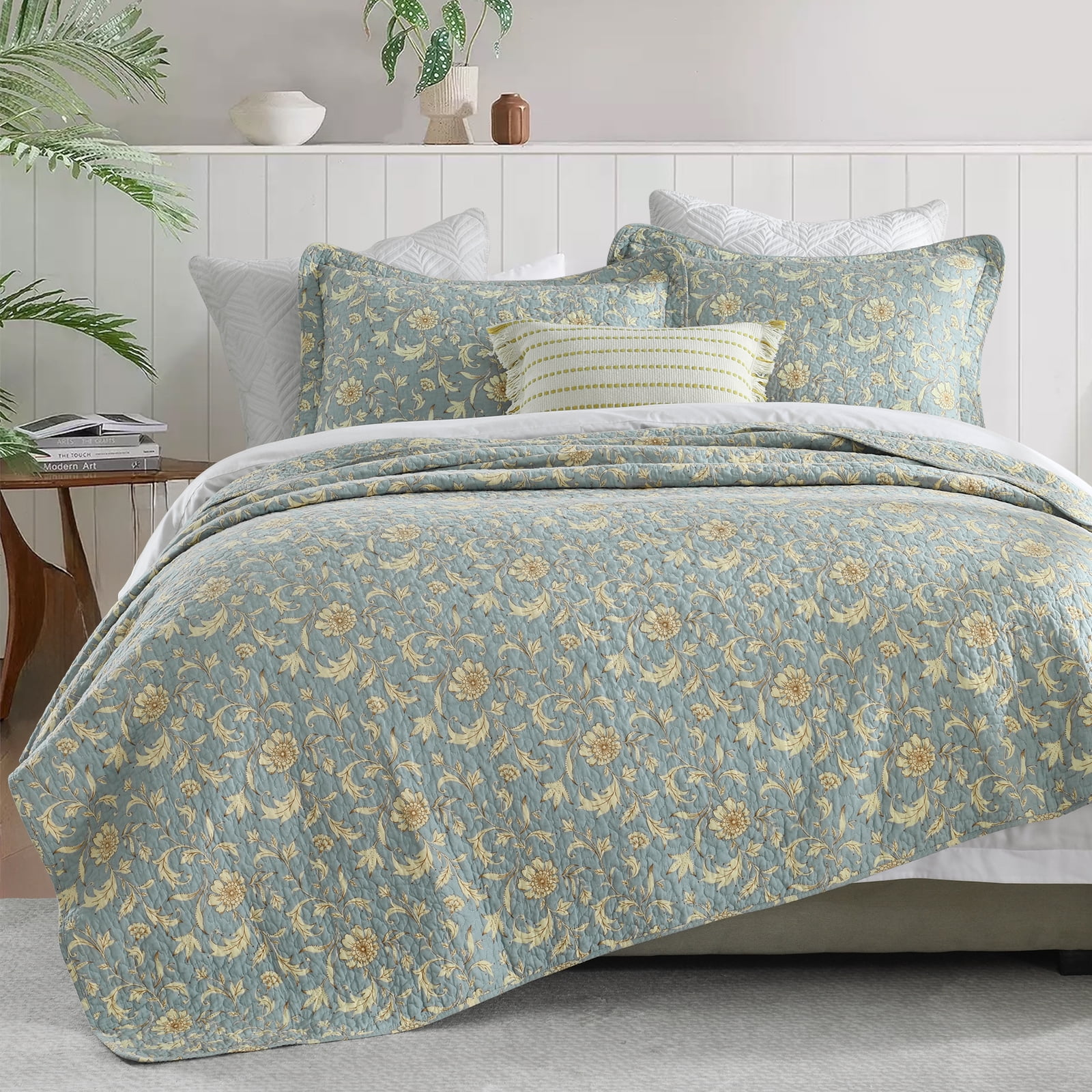 CozyDH 3-Piece Farmhouse Floral Quilt Set Queen, 100% Cotton ...