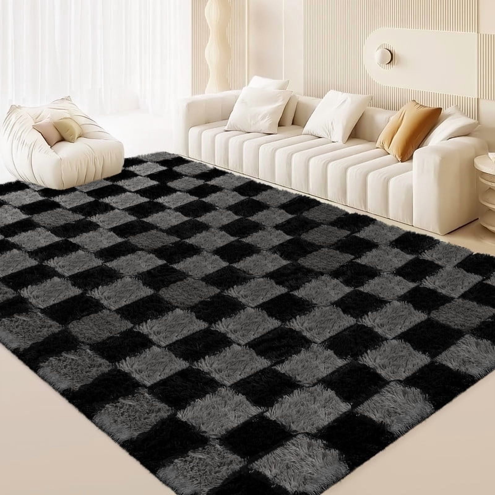 CozyDesg Shag Area Rugs,5'x8' Soft Fluffy Floor Rugs Checkered Carpet ...