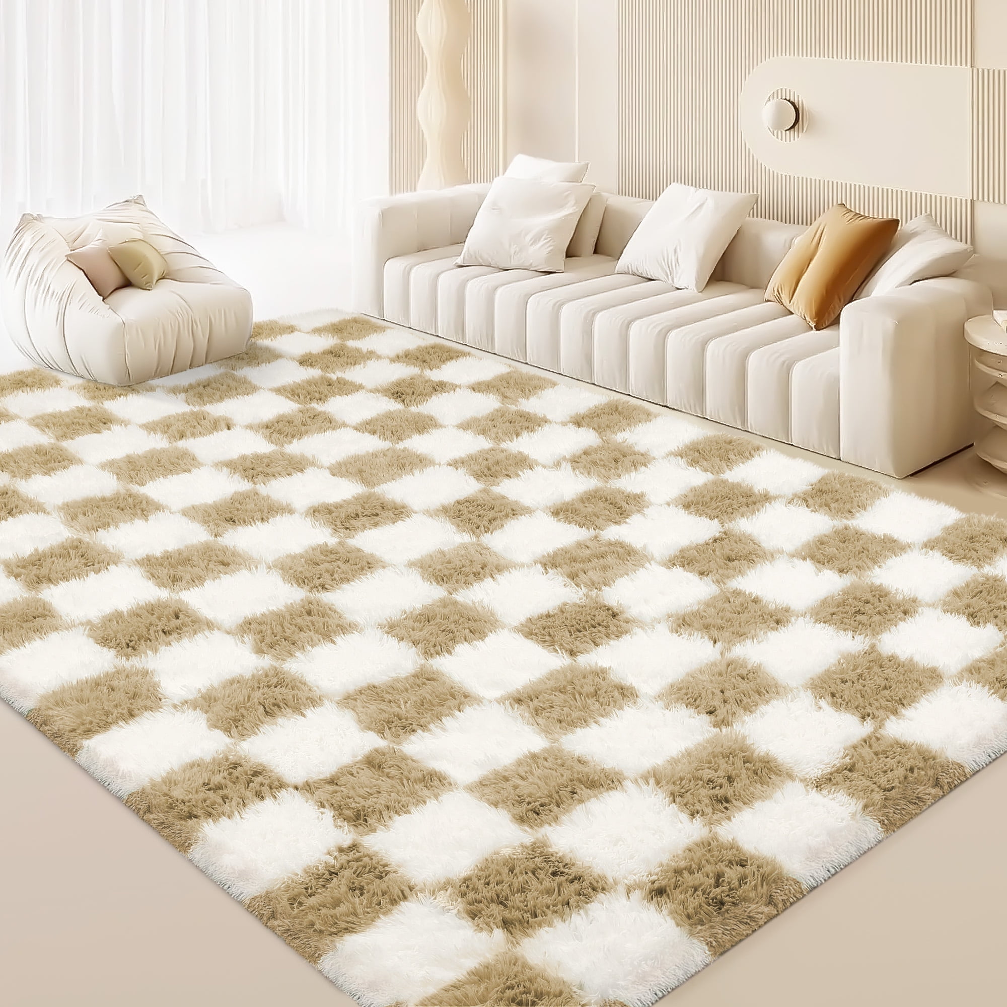 CozyDesg Shag Area Rugs, 8'x10' Soft Fluffy Floor Rugs Checkered Carpet ...