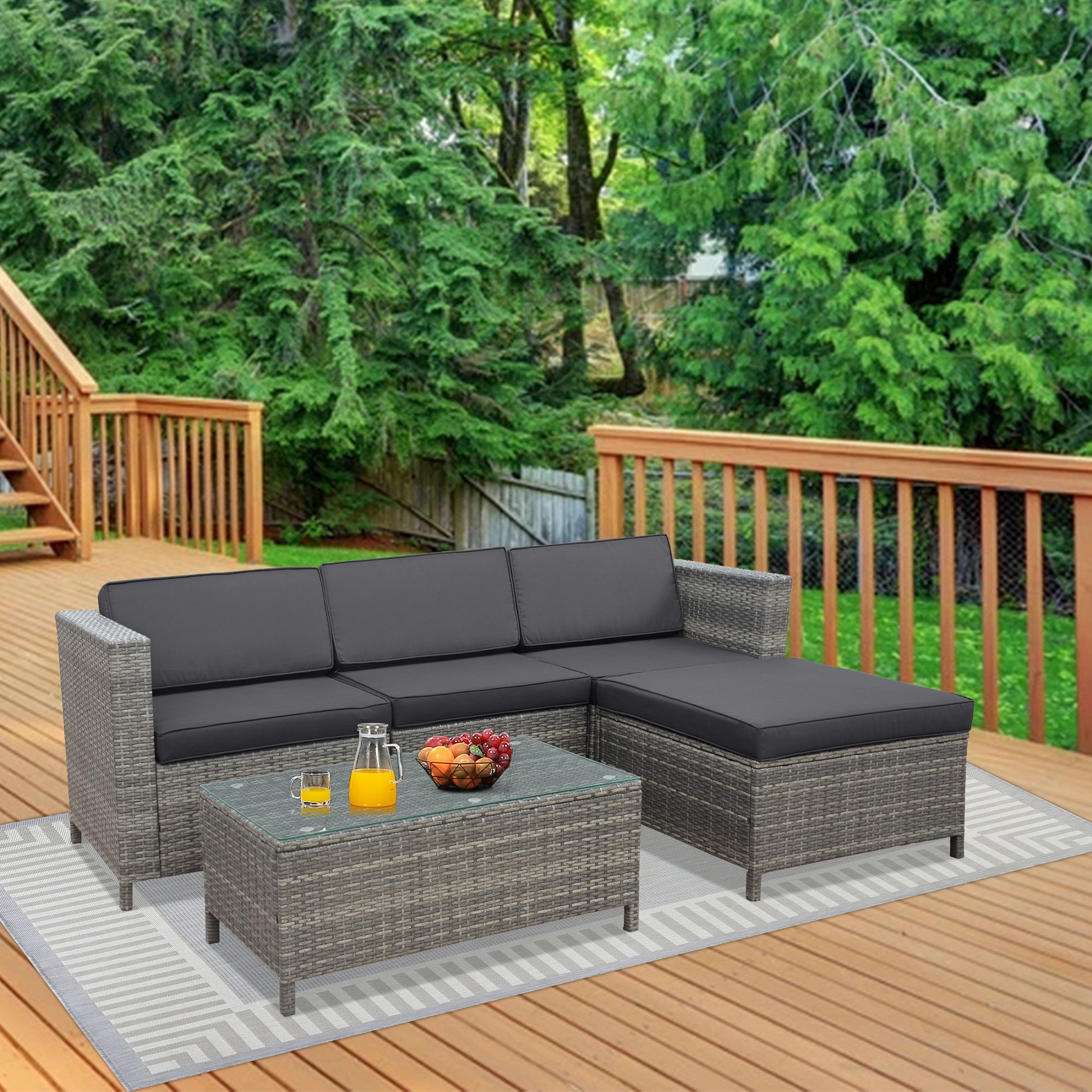 CozyHom 5 PCS All-Weather Patio Wicker Sectional Dining Set with ...