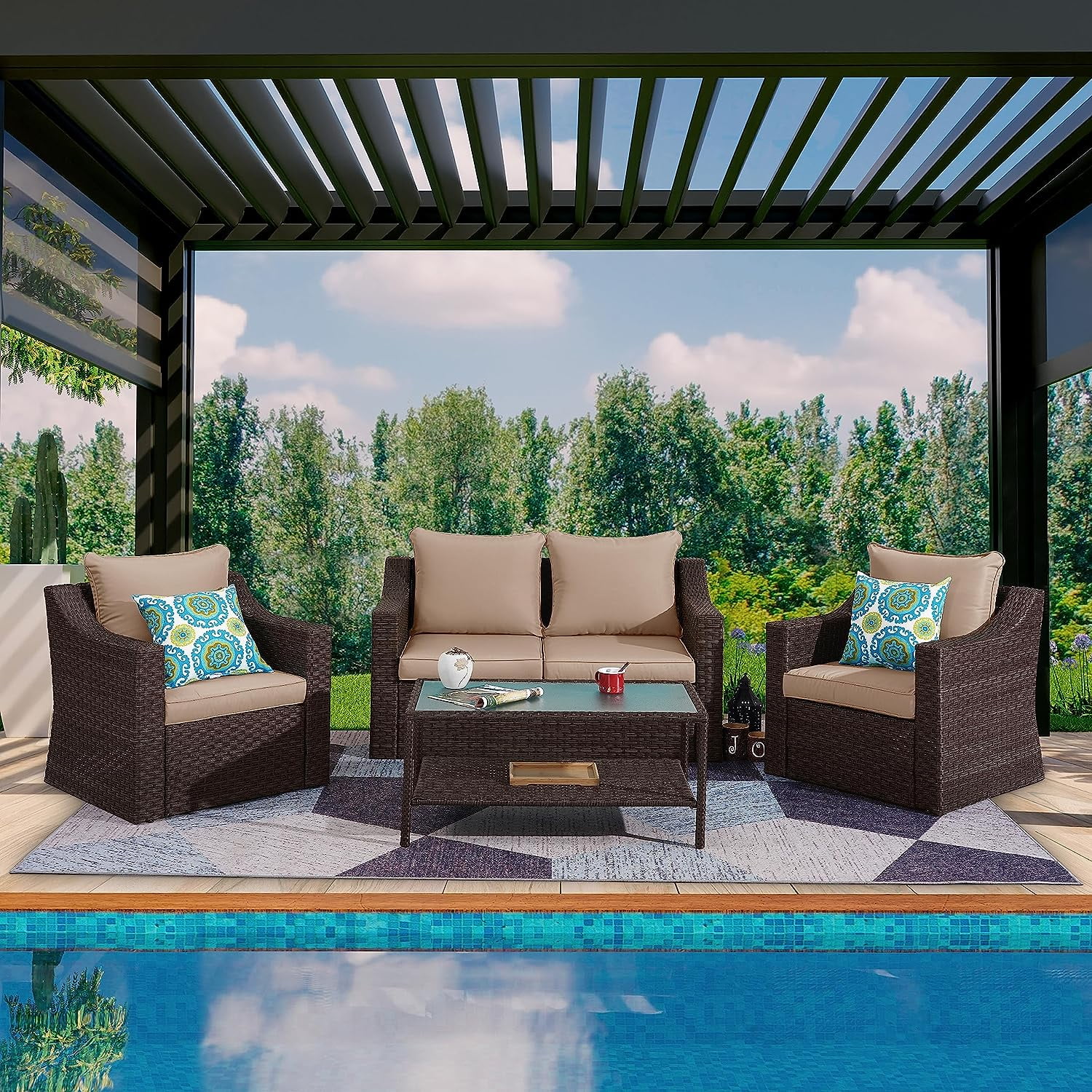 CozyHom 5 Pcs Patio Wicker Furniture Set, PE Rattan Sofa with Coffee ...