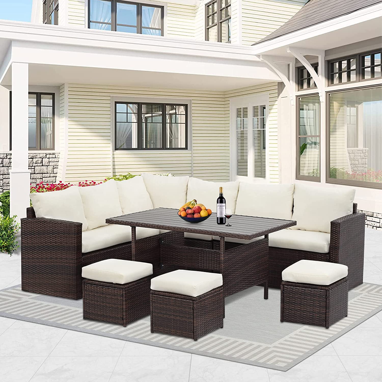 Cozyhom 7-Piece Outdoor Patio Sectional Dining Set, Wicker Rattan Sofa ...