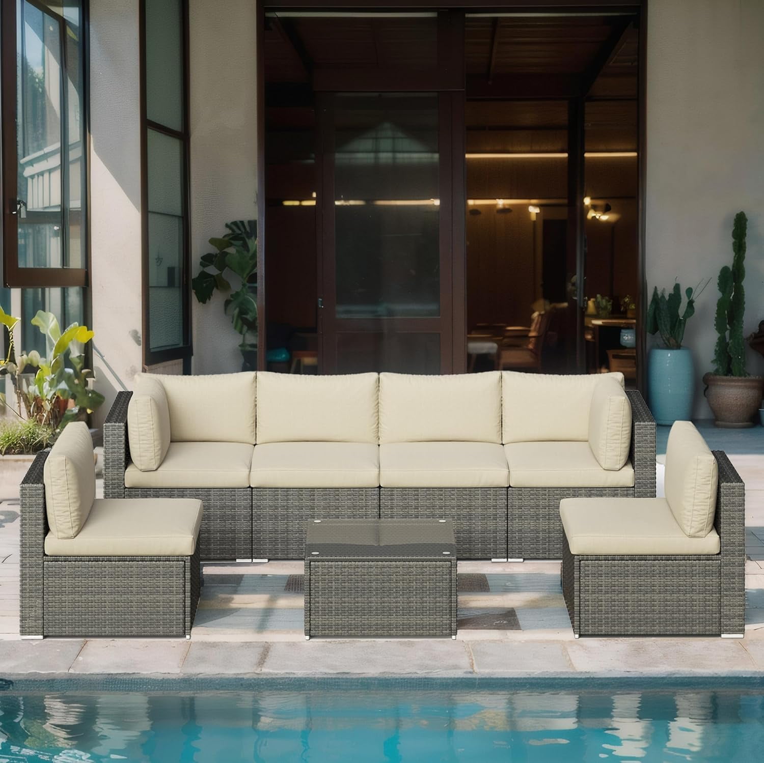 CozyHom 7-Piece Modular Patio Furniture Set, Wicker Outdoor Sectional ...