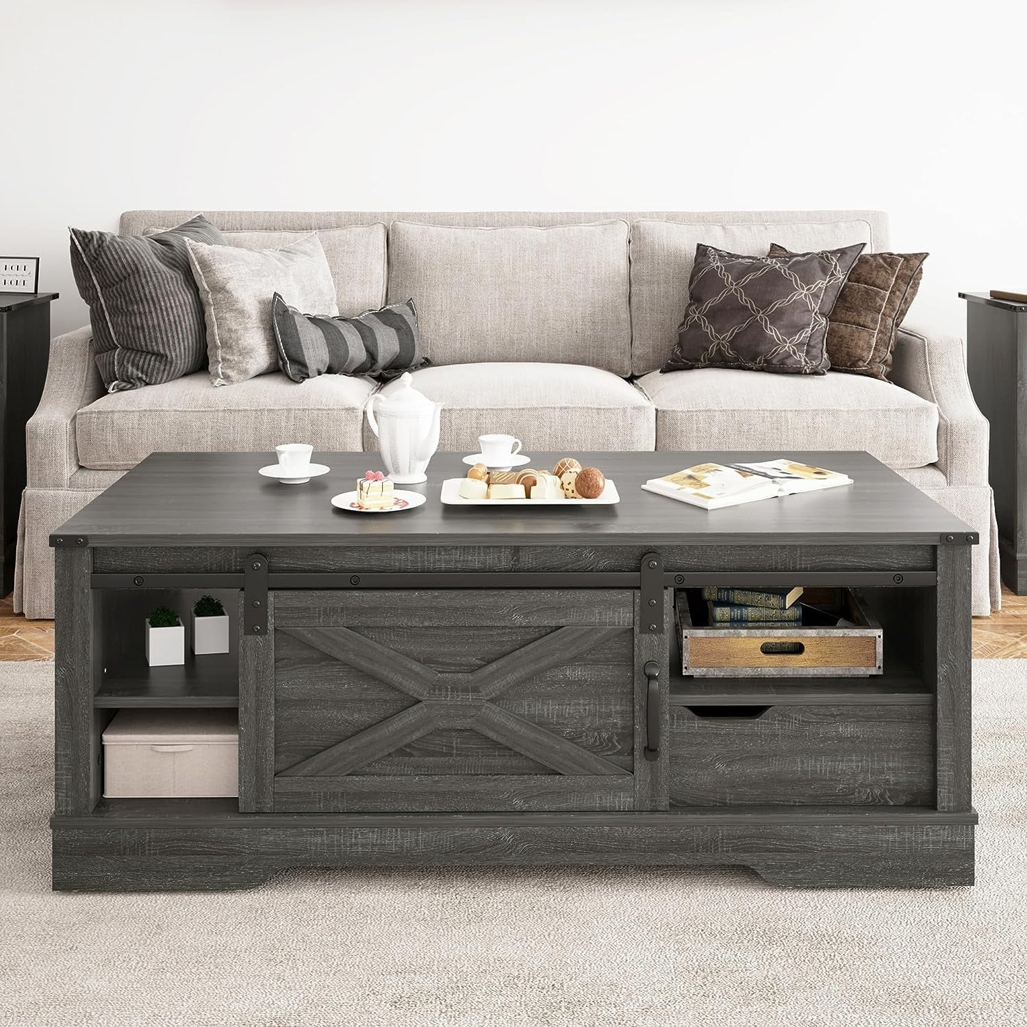 CozyHom Rustic Farmhouse Coffee Table with Storage Drawer, Sliding Barn ...