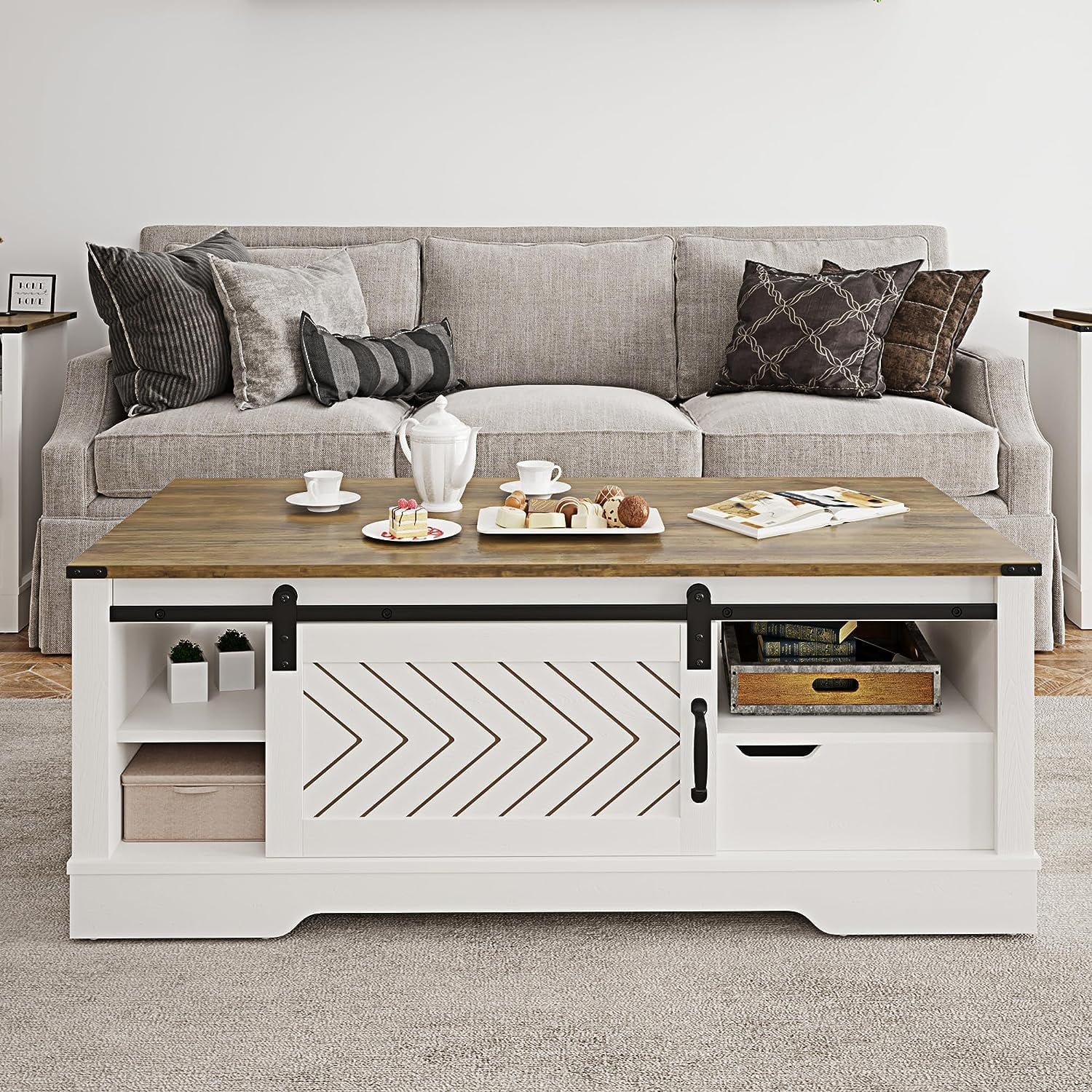 CozyHom Farmhouse Coffee Table with Sliding Barn Door, Storage Drawer ...