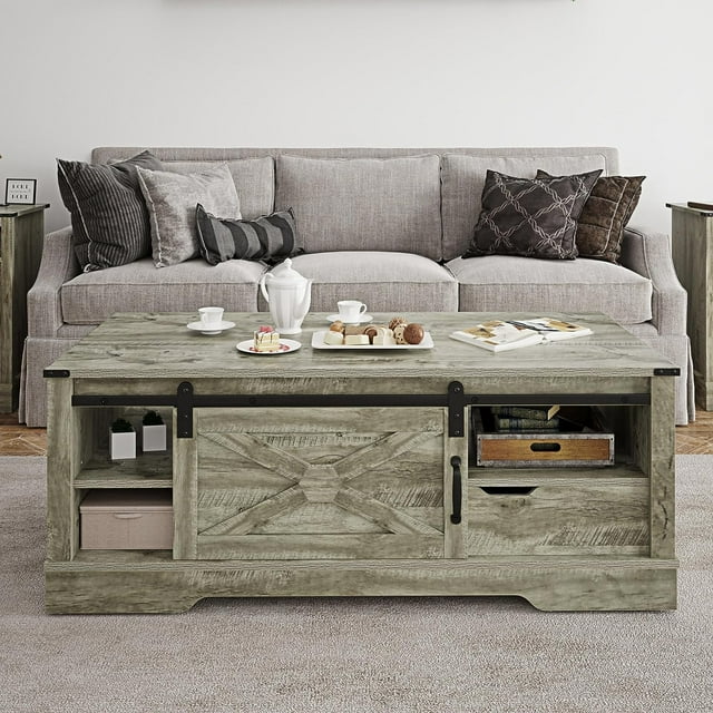 CozyHom Modern Farmhouse Coffee Table with Storage, Sliding Barn Door ...